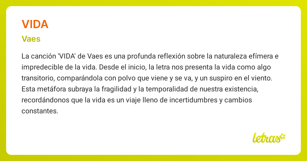 Significado de la canción VIDA (Vaes) - LETRAS.COM