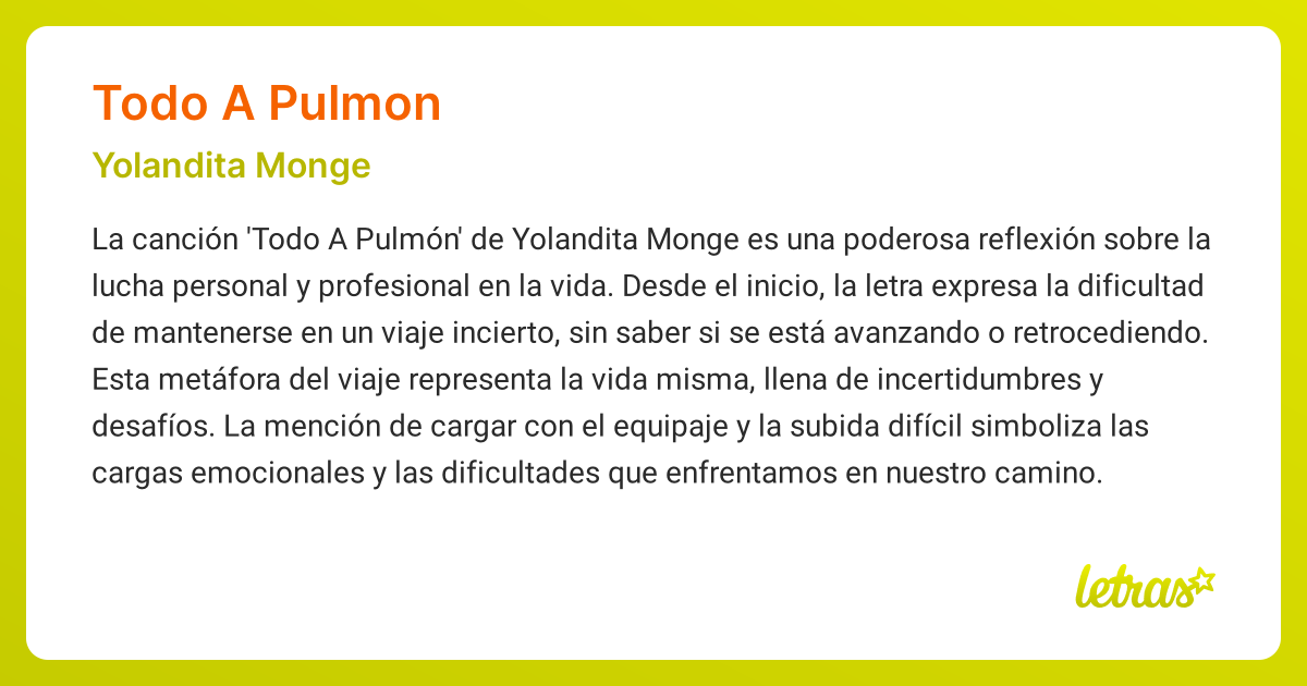 Significado de la canción TODO A PULMON (Yolandita Monge) - LETRAS.COM