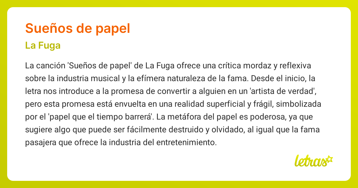 Significado de la canción SUEÑOS DE PAPEL (La Fuga) - LETRAS.COM
