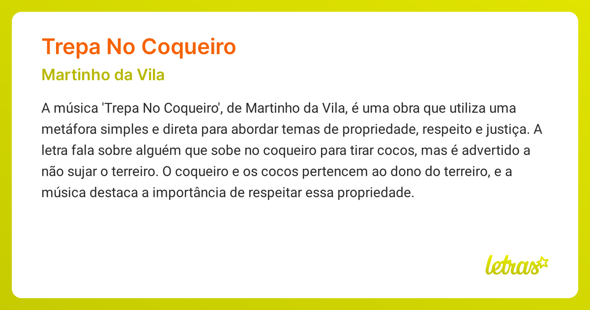 Significado da música TREPA NO COQUEIRO (Martinho da Vila) - LETRAS.MUS.BR