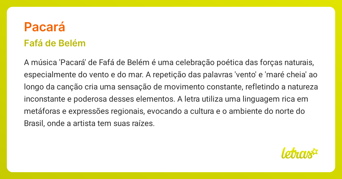 Significado da música PACARÁ (Fafá de Belém) - LETRAS.MUS.BR