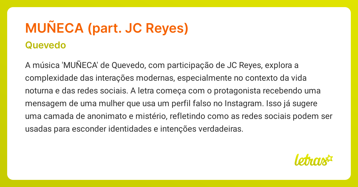 Significado da música MUÑECA (PART. JC REYES) (Quevedo) - LETRAS.MUS.BR