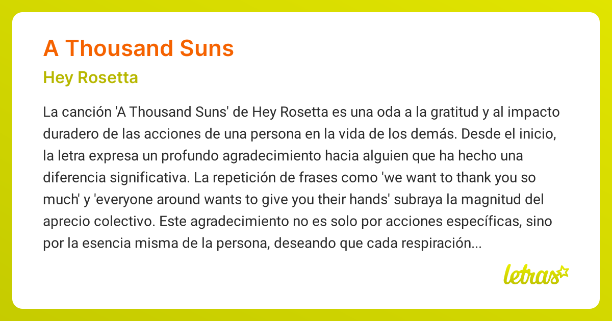 Significado de la canción A THOUSAND SUNS (Hey Rosetta) - LETRAS.COM