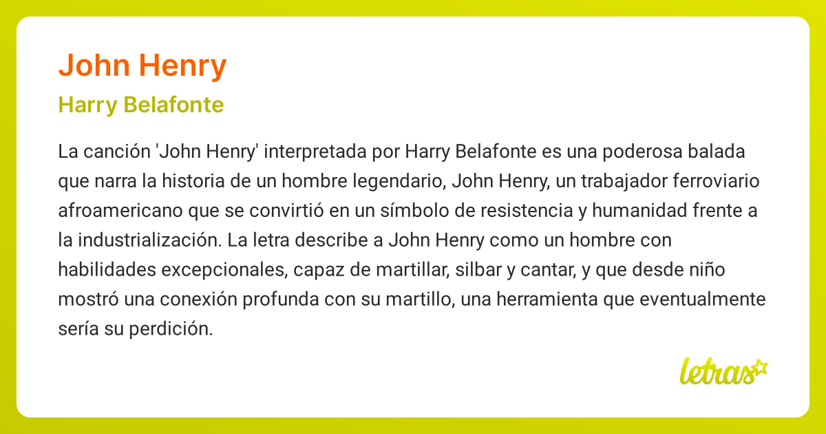 Significado de la canción JOHN HENRY (Harry Belafonte) - LETRAS.COM