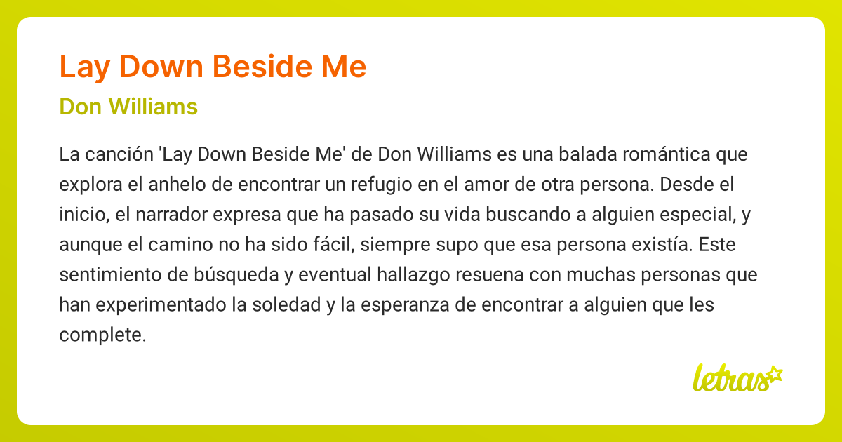 Significado de la canción LAY DOWN BESIDE ME (Don Williams) - LETRAS.COM
