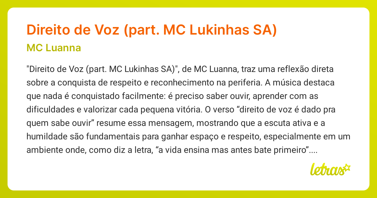 Significado da música Direito de Voz (part. MC Lukinhas SA) (MC Luanna ...