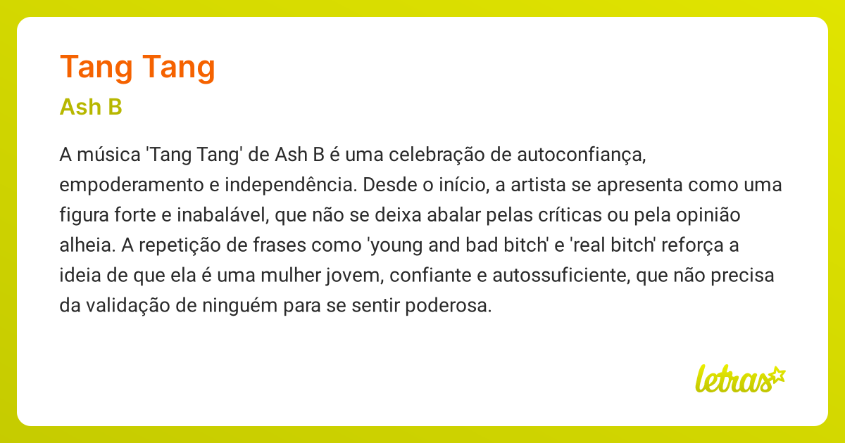 Significado da música TANG TANG (Ash B) - LETRAS.MUS.BR