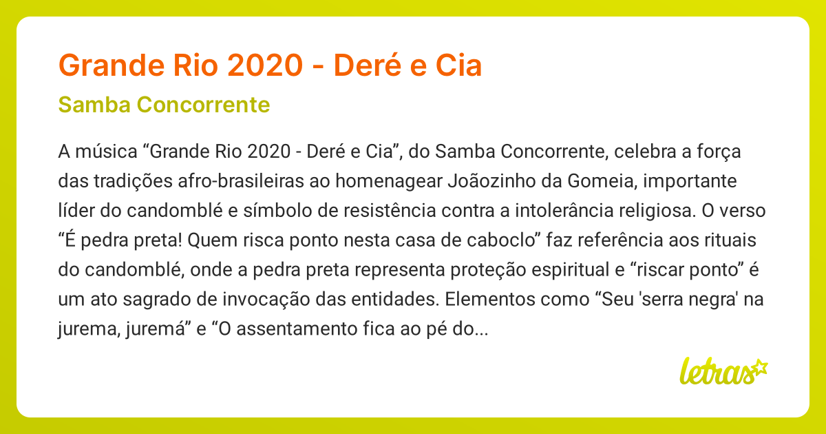 Significado da música GRANDE RIO 2020 - DERÉ E CIA (Samba Concorrente ...