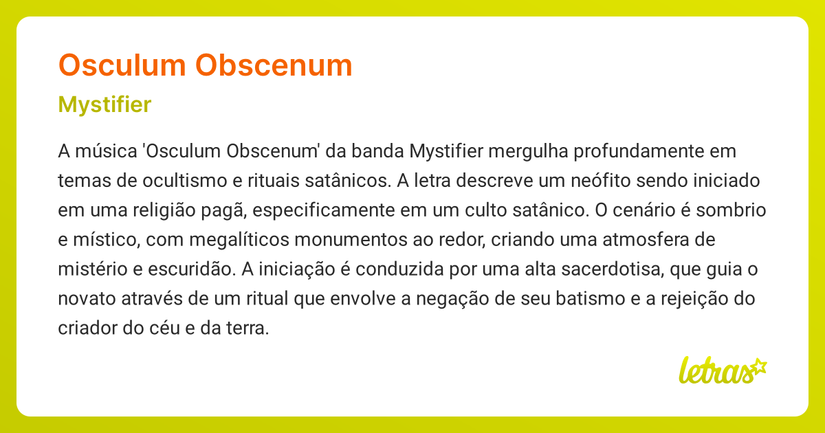 Significado da música OSCULUM OBSCENUM (Mystifier) - LETRAS.MUS.BR