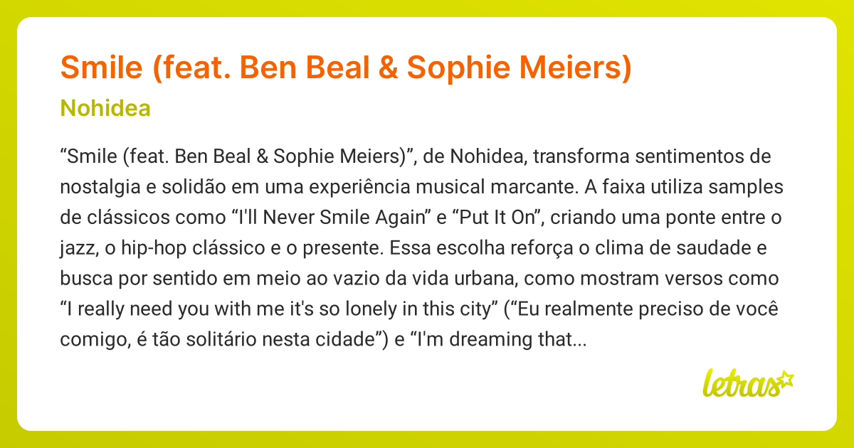 Significado da música Smile (feat. Ben Beal & Sophie Meiers) (Nohidea ...