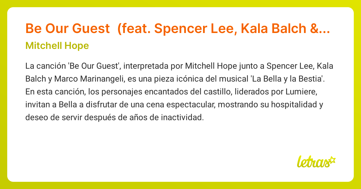 Significado de la canción Be Our Guest (feat. Spencer Lee, Kala Balch ...