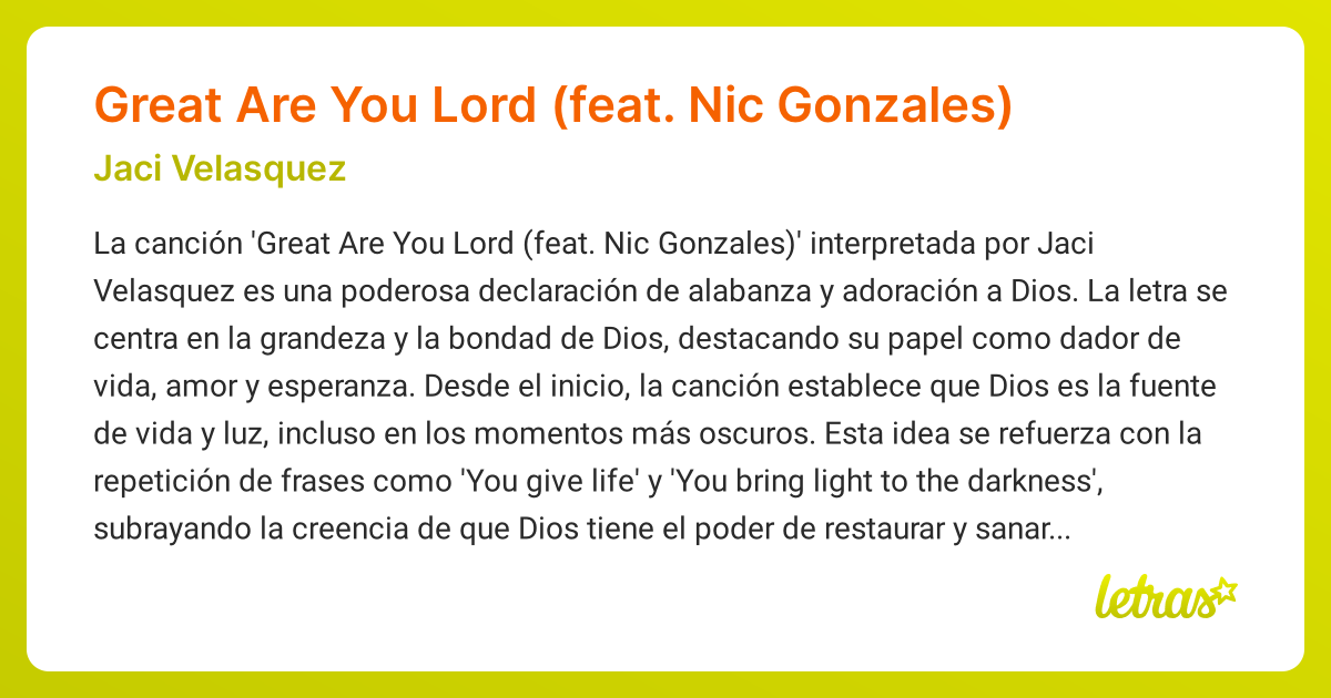Significado de la canción Great Are You Lord (feat. Nic Gonzales) (Jaci ...