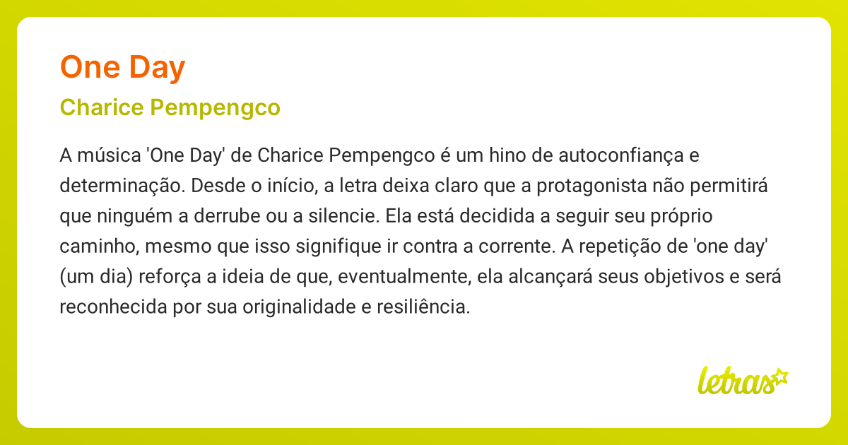 Significado da música ONE DAY (Charice Pempengco) - LETRAS.MUS.BR
