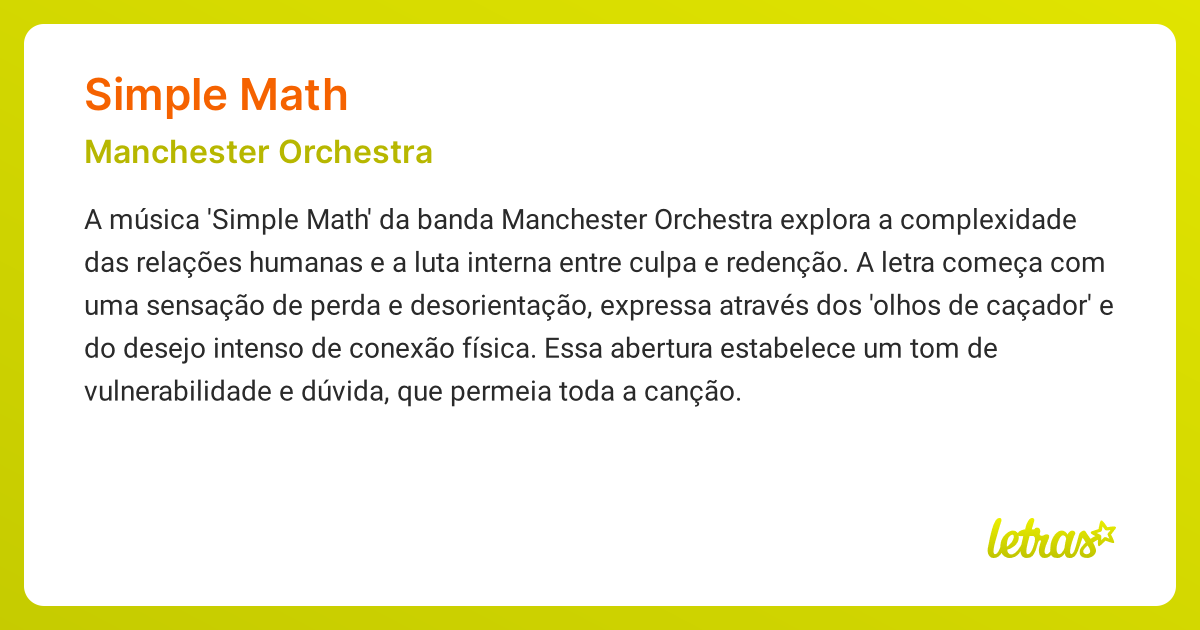 Significado da música SIMPLE MATH (Manchester Orchestra) - LETRAS.MUS.BR