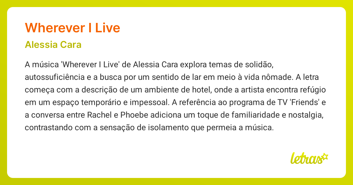 Significado da música WHEREVER I LIVE (Alessia Cara) - LETRAS.MUS.BR