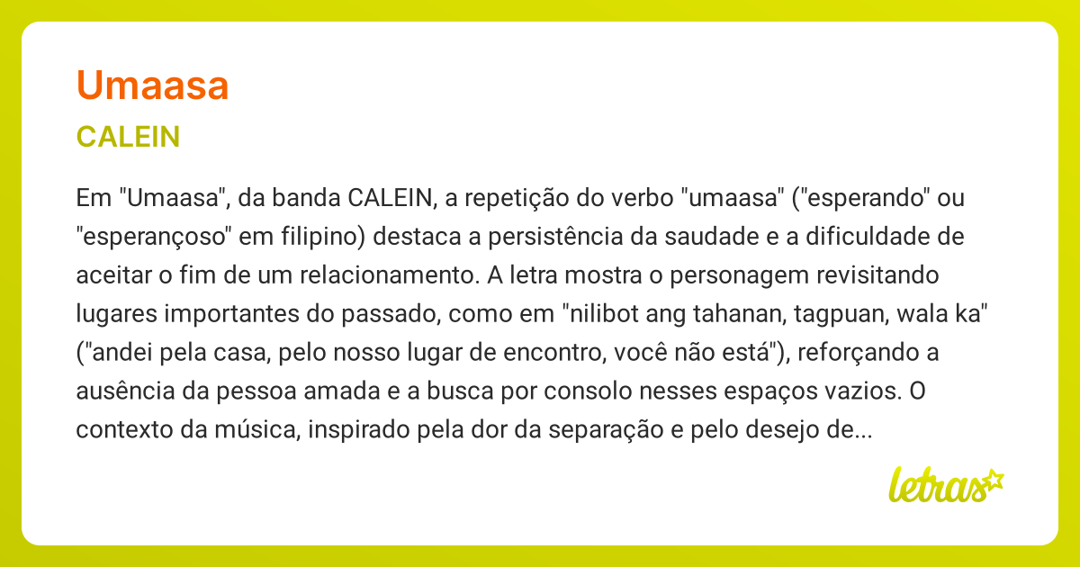 Significado da música UMAASA (CALEIN) - LETRAS.MUS.BR