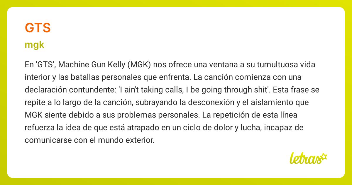 Significado de la canción GTS (Machine Gun Kelly (mgk)) - LETRAS.COM