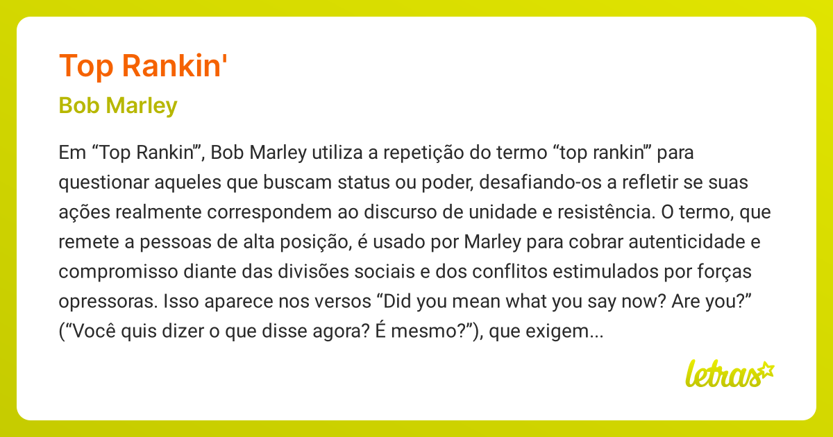 Significado da música TOP RANKIN' (Bob Marley) - LETRAS.MUS.BR