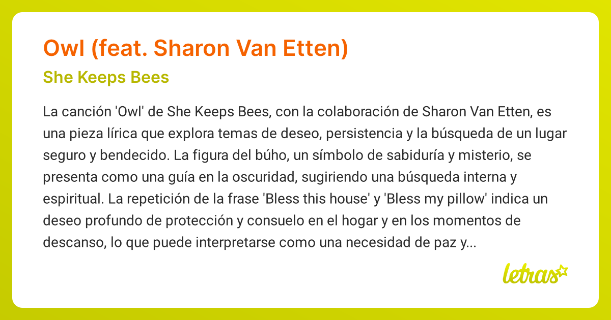 Significado de la canción OWL (FEAT. SHARON VAN ETTEN) (She Keeps Bees) - LETRAS.COM