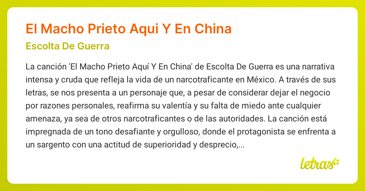 Significado de la canción El Macho Prieto Aqui Y En China (Escolta De ...