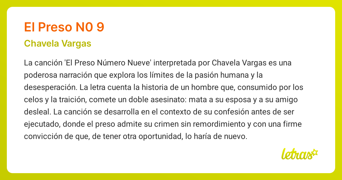 Significado de la canción EL PRESO N0 9 (Chavela Vargas) - LETRAS.COM