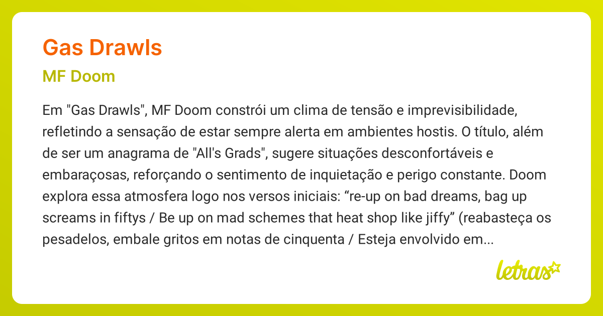 Significado da música GAS DRAWLS (MF Doom) - LETRAS.MUS.BR