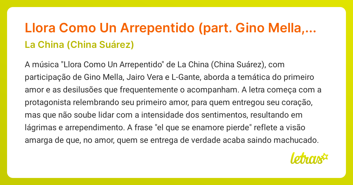 Significado da música Llora Como Un Arrepentido (part. Gino Mella ...