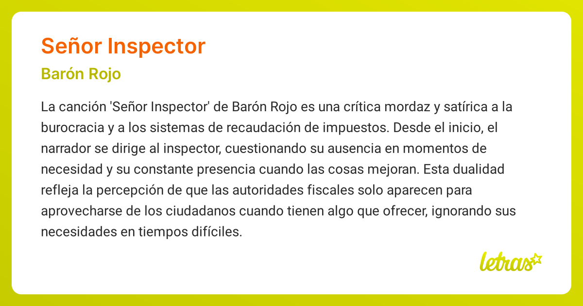 Significado de la canción SEÑOR INSPECTOR (Barón Rojo) - LETRAS.COM