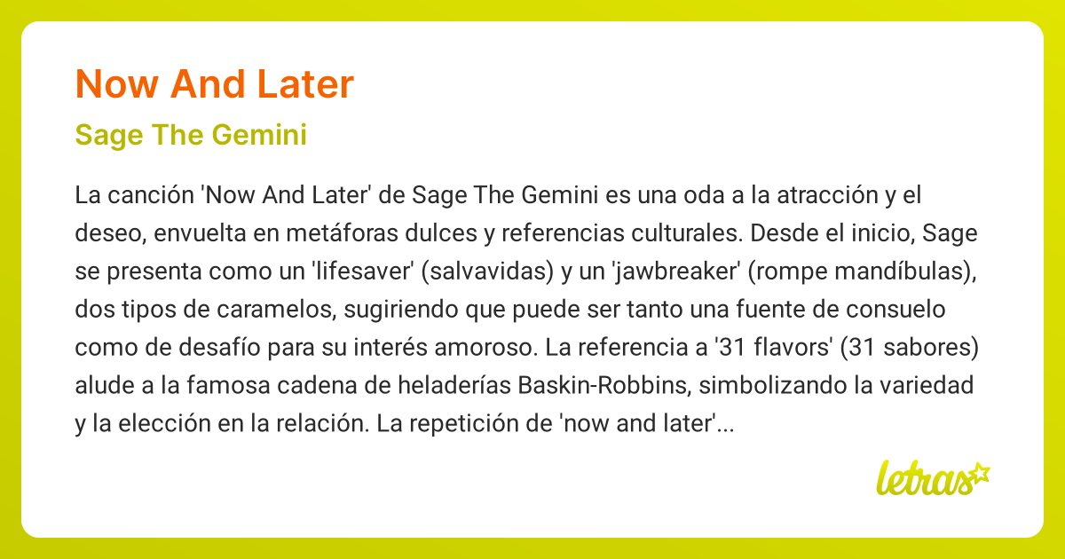 Significado de la canción NOW AND LATER (Sage The Gemini) - LETRAS.COM