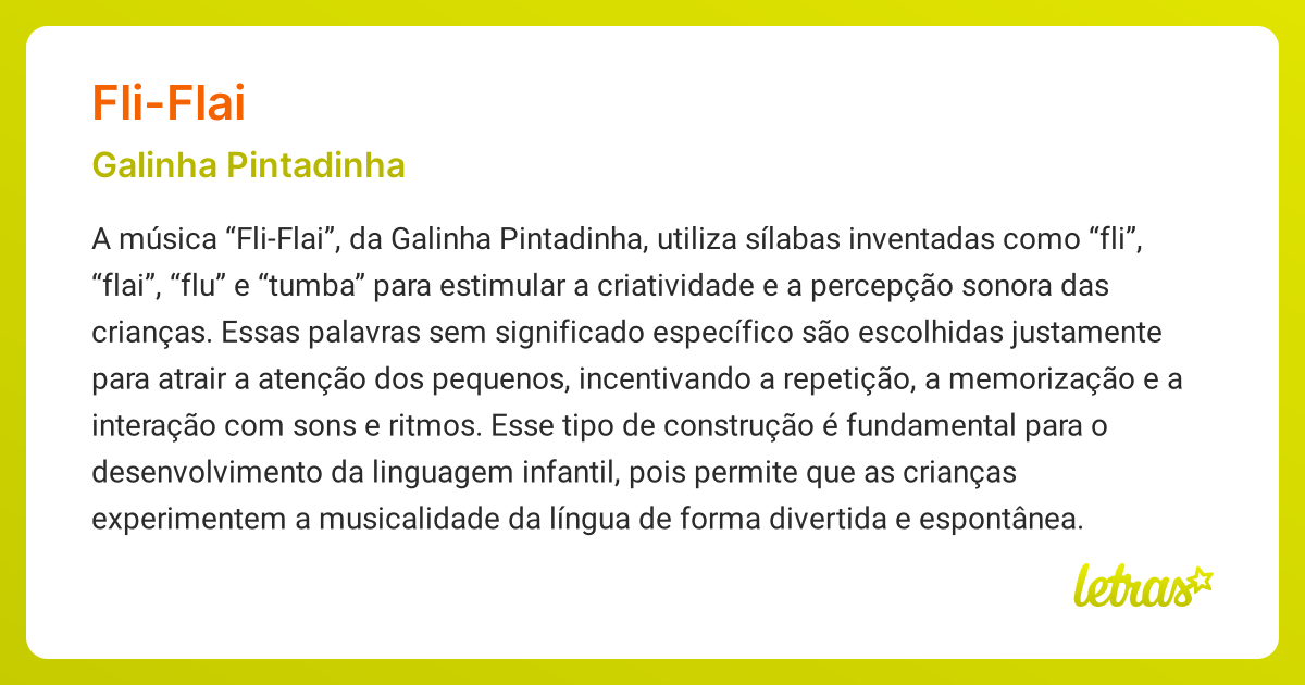 Significado da música FLI-FLAI (Galinha Pintadinha) - LETRAS.MUS.BR