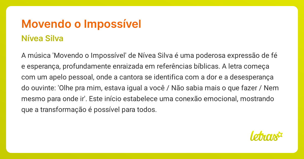 Significado da música MOVENDO O IMPOSSÍVEL (Nívea Silva) - LETRAS.MUS.BR