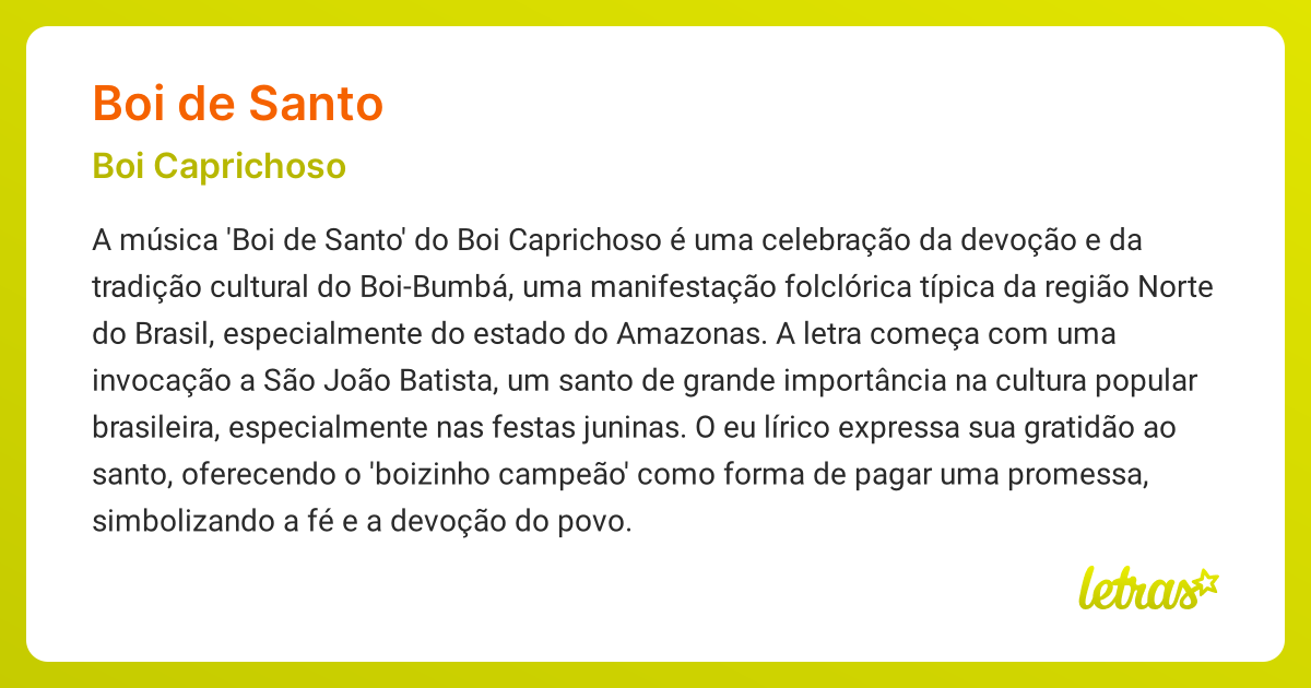 Significado da música BOI DE SANTO (Boi Caprichoso) - LETRAS.MUS.BR