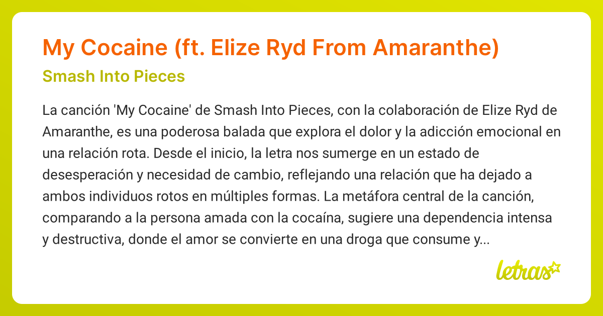 Significado de la canción My Cocaine (ft. Elize Ryd From Amaranthe ...
