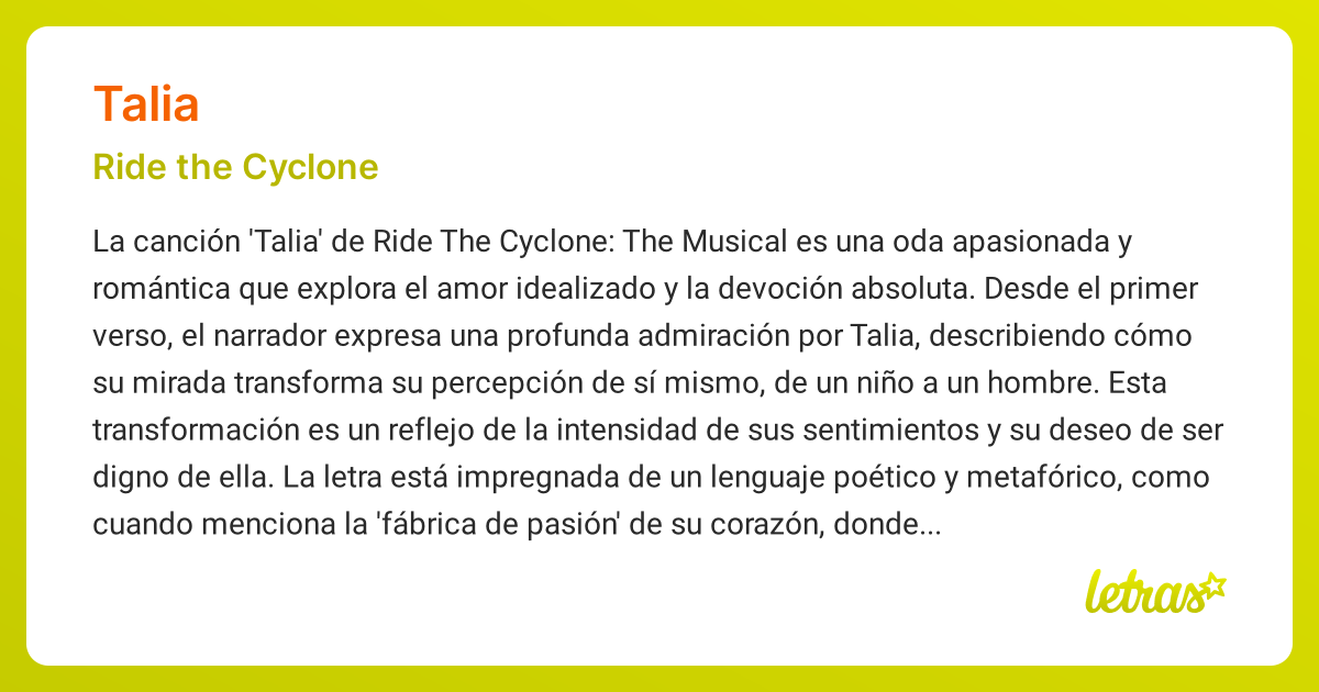 Significado de la canción TALIA (Ride the Cyclone) - LETRAS.COM