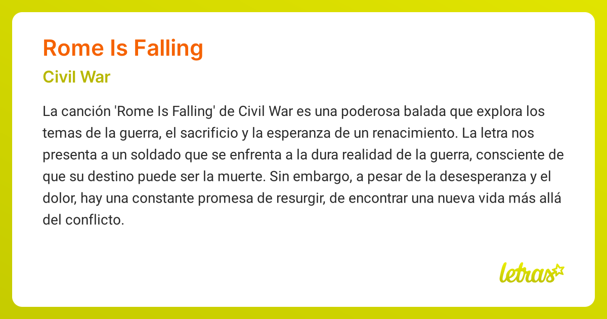 Significado de la canción ROME IS FALLING (Civil War) - LETRAS.COM