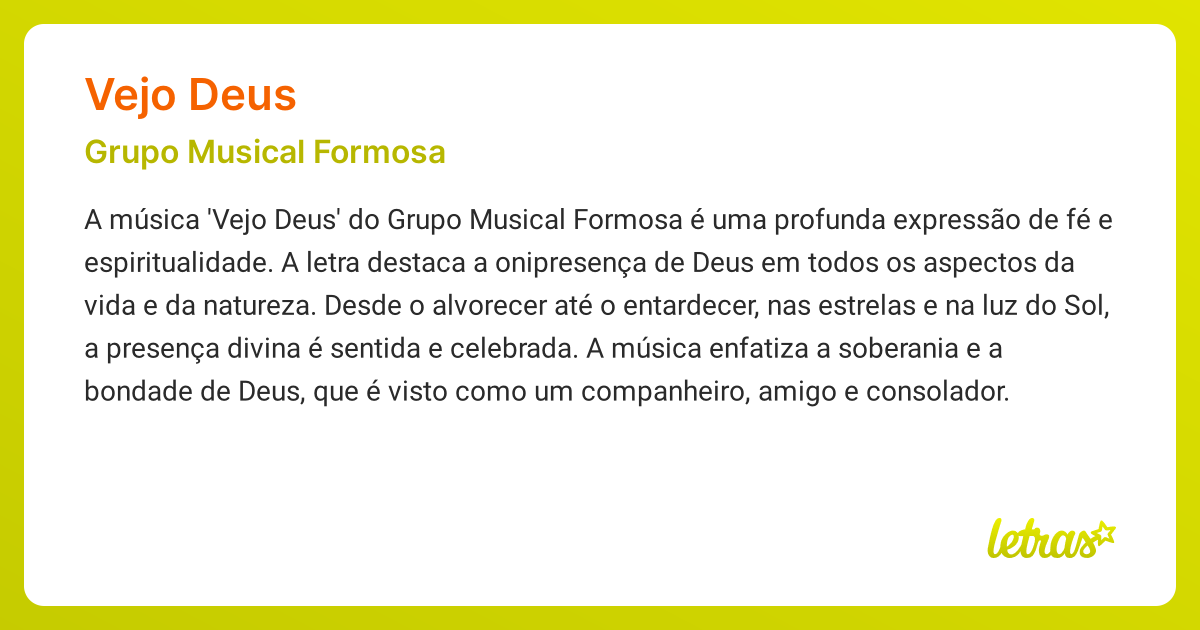 Significado da música VEJO DEUS (Grupo Musical Formosa) - LETRAS.MUS.BR
