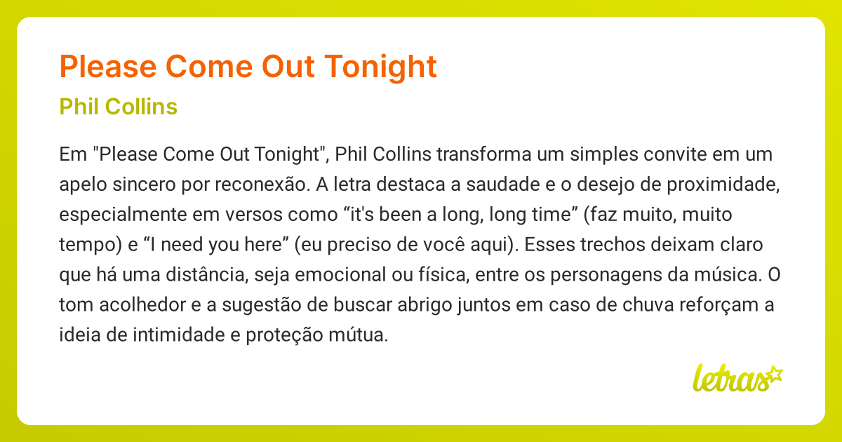 Significado da música PLEASE COME OUT TONIGHT (Phil Collins) - LETRAS ...