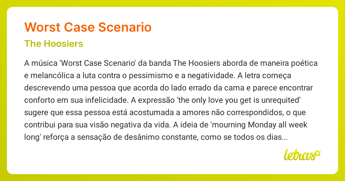 Significado da música WORST CASE SCENARIO (The Hoosiers) - LETRAS.MUS.BR