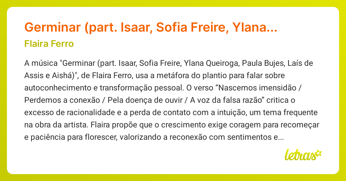 Significado da música Germinar (part. Isaar, Sofia Freire, Ylana Queiroga, Paula Bujes, Laís de ...