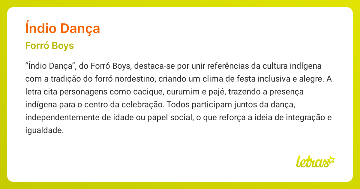 Significado da música ÍNDIO DANÇA (Forró Boys) - LETRAS.MUS.BR