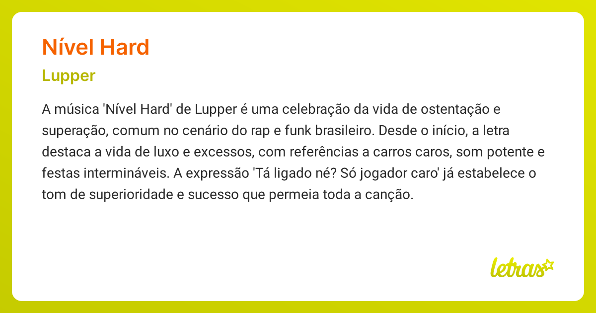 Significado da música NÍVEL HARD (Lupper) - LETRAS.MUS.BR