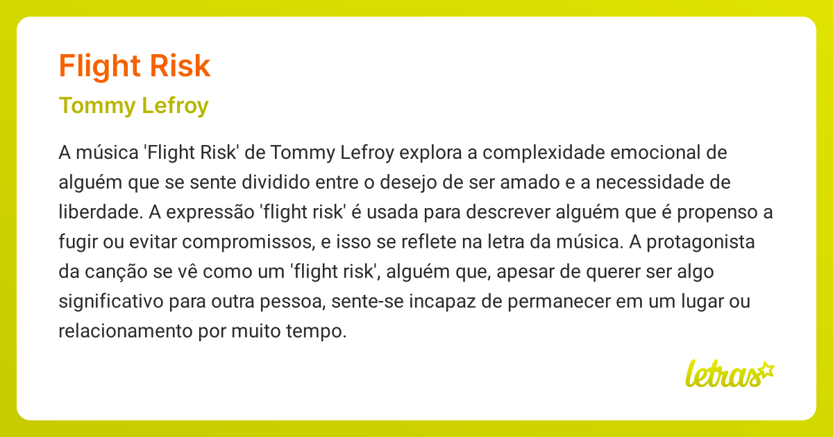 Significado da música FLIGHT RISK (Tommy Lefroy) - LETRAS.MUS.BR