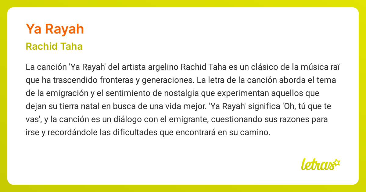 Significado de la canción YA RAYAH (Rachid Taha) - LETRAS.COM