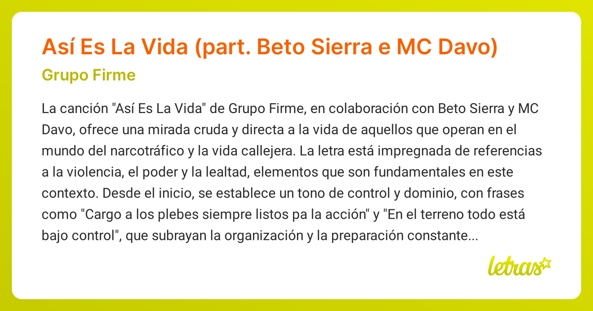 Significado de la canción Así Es La Vida (part. Beto Sierra e MC Davo ...