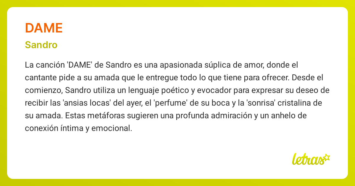 Significado de la canción DAME (Sandro) - LETRAS.COM