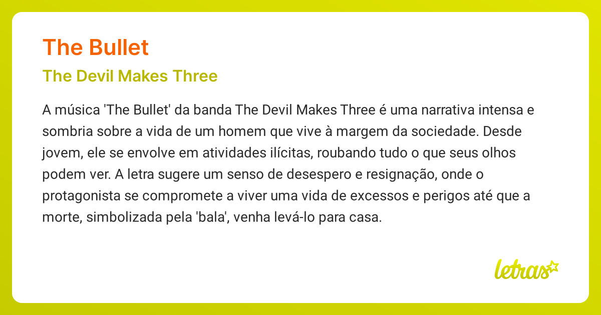 Significado da música THE BULLET (The Devil Makes Three) - LETRAS.MUS.BR