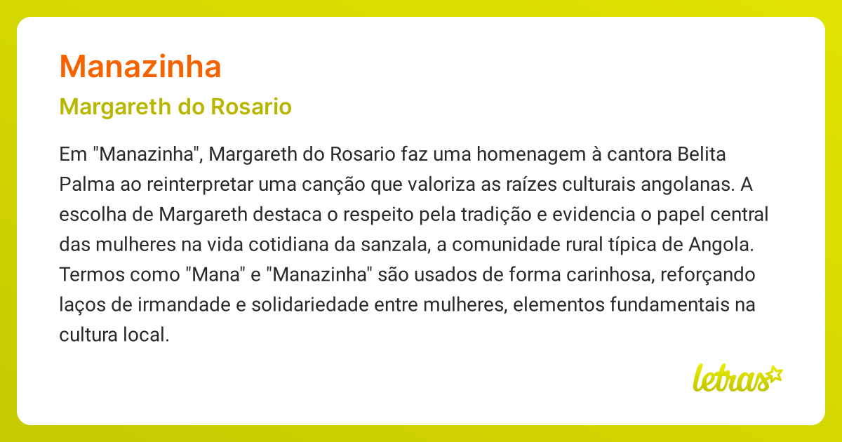 Significado da música MANAZINHA (Margareth do Rosario) - LETRAS.MUS.BR