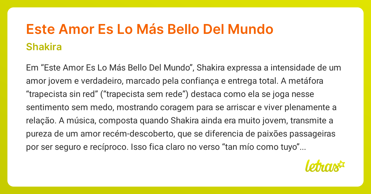 Significado da música Este Amor Es Lo Más Bello Del Mundo (Shakira ...