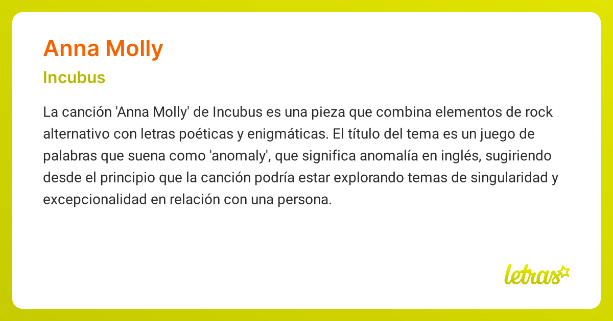 Significado de la canción ANNA MOLLY (Incubus) - LETRAS.COM