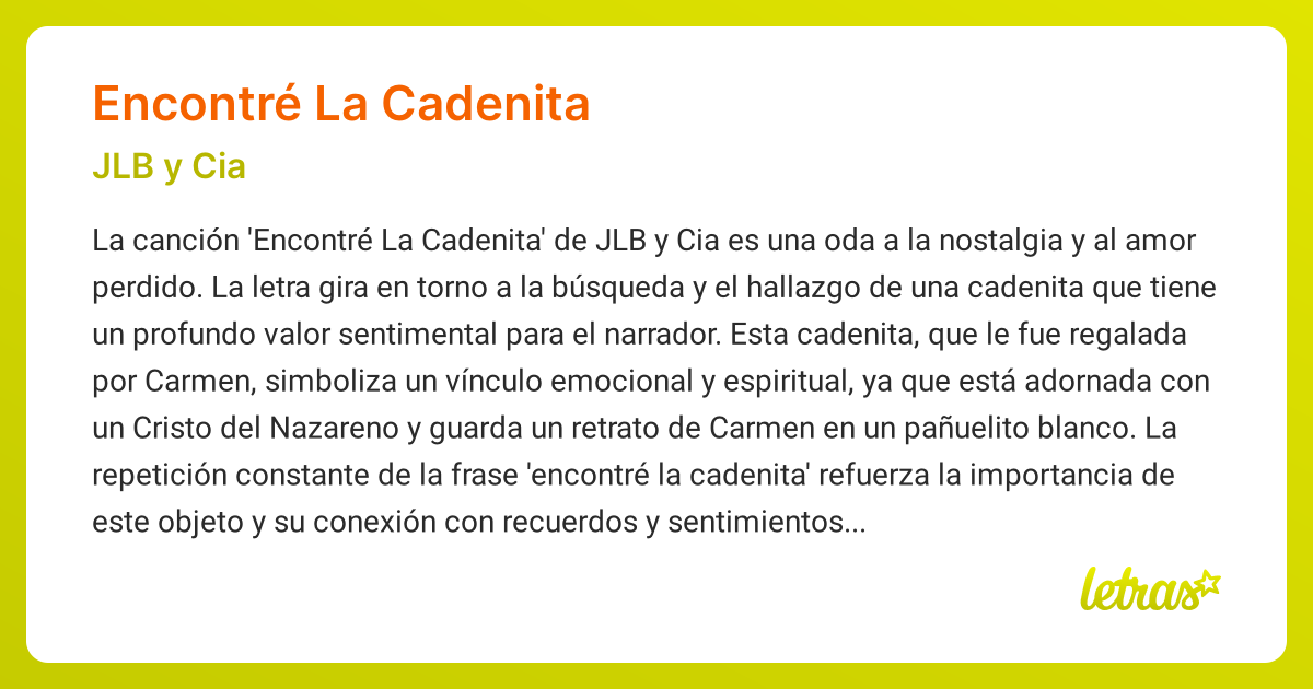 Significado de la canción ENCONTRÉ LA CADENITA (JLB y Cia) - LETRAS.COM
